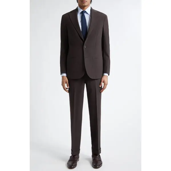 J. MUESER Waverly Tapered Virgin Wool Seersucker Suit - Brown