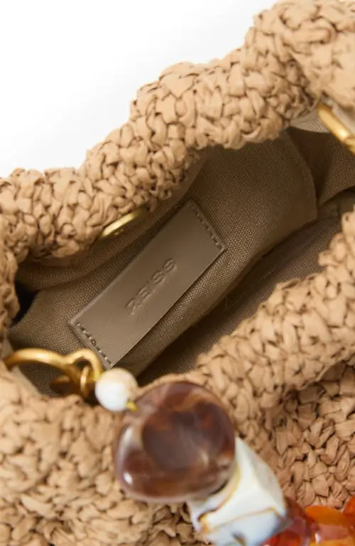 REISS Erin Woven Straw Top Handle Bag With Beaded Handle - Natural