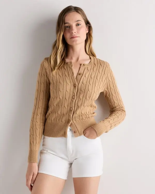 Quince Organic Cotton Cable Crew Cardigan Sweater - Camel