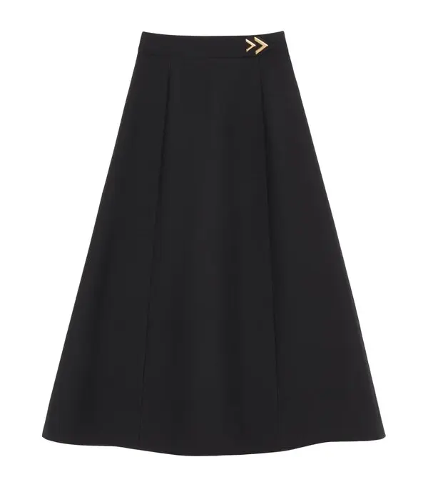 Valentino Garavani Wool-silk Crepe Midi Skirt With Gold-tone Hardware - Black