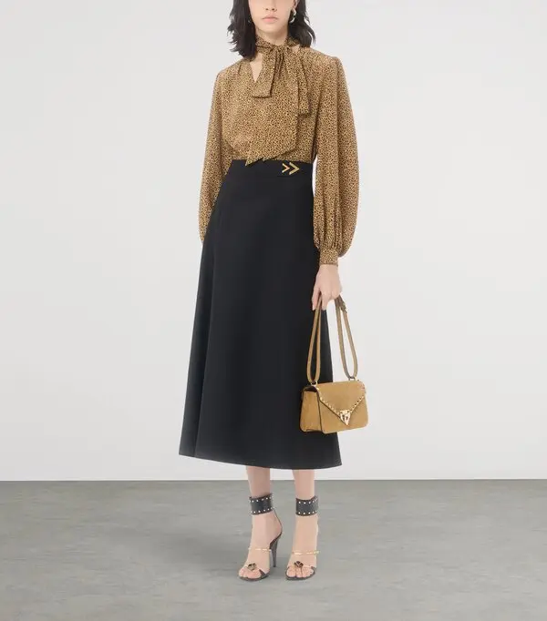 Valentino Garavani Wool-silk Crepe Midi Skirt With Gold-tone Hardware - Black
