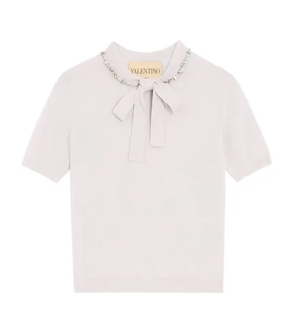 Valentino Garavani Virgin Wool T-shirt With Rhinestone Embellishment And Tie Detail