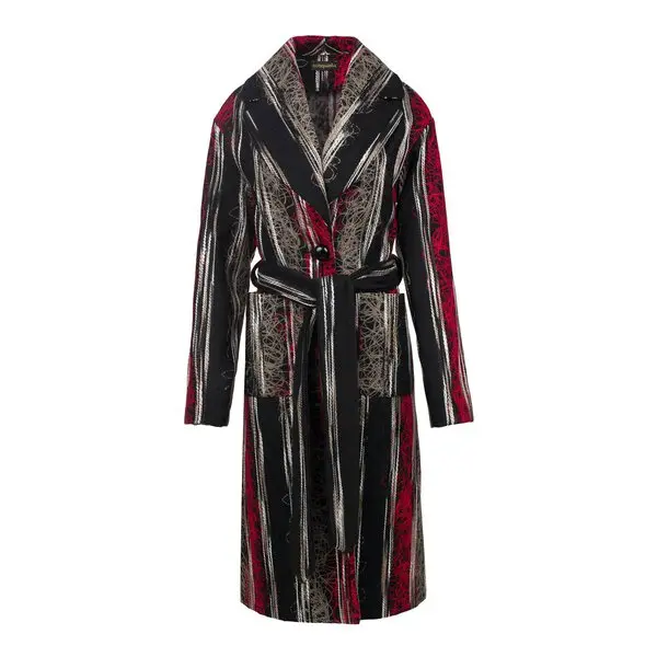 CONQUISTA Long Wool Blend Jacquard Style Coat With Belt - Black/red
