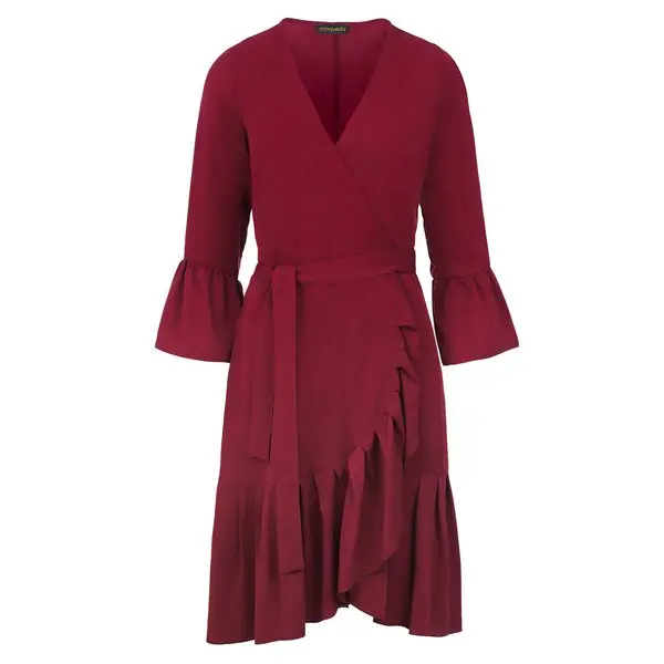 CONQUISTA Viscose Wrap Dress With Bell Sleeves And Ruffled Hem - Red