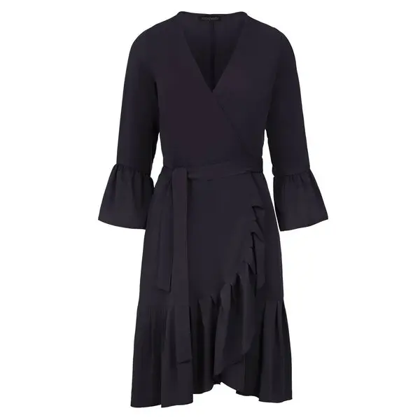 CONQUISTA Viscose Wrap Dress With Bell Sleeves And Ruffled Hem - Black