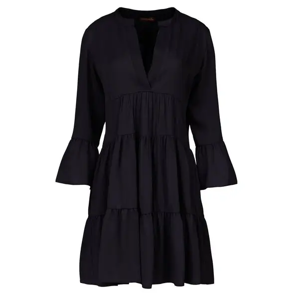 CONQUISTA Viscose Gathered Seams Dress With Bell Sleeves - Black