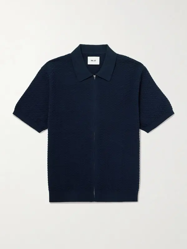 Nn07 Gustav 600160 Textured Organic Cotton Zip-up Polo Shirt - Blue