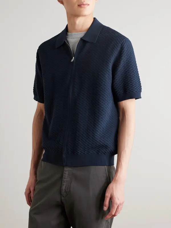 Nn07 Gustav 600160 Textured Organic Cotton Zip-up Polo Shirt - Blue
