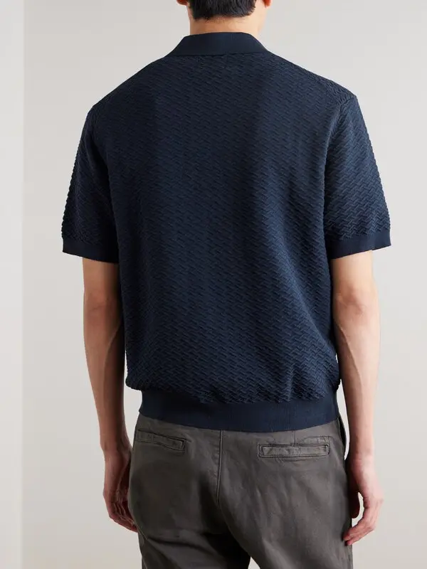 Nn07 Gustav 600160 Textured Organic Cotton Zip-up Polo Shirt - Blue