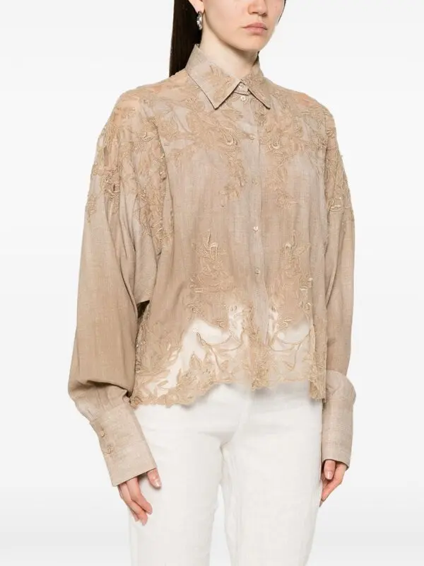 Ermanno Scervino Embroidered Lace Trim Shirt - Brown