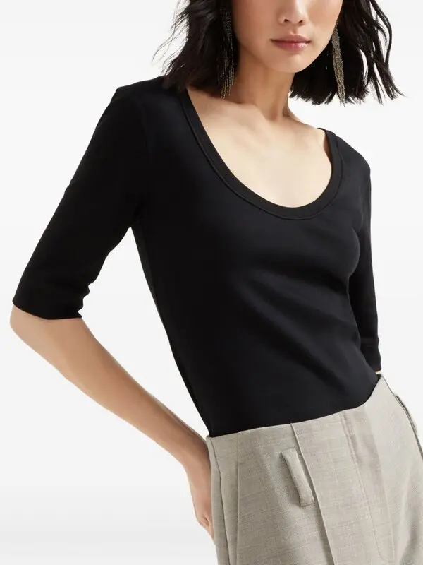 Brunello Cucinelli Cotton T-shirt With Scoop Neck And 3/4 Sleeves - Black