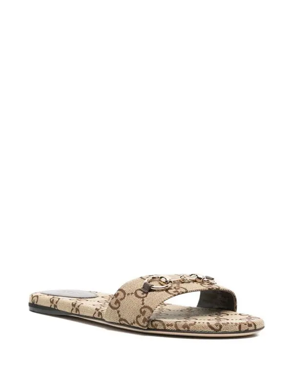 Gucci Horsebit Gg Canvas Flat Sandals - Beige