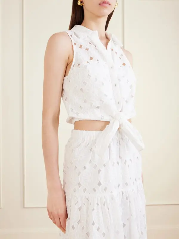 Cara Cara Highland Knotted Embroidered Cotton Blouse - White