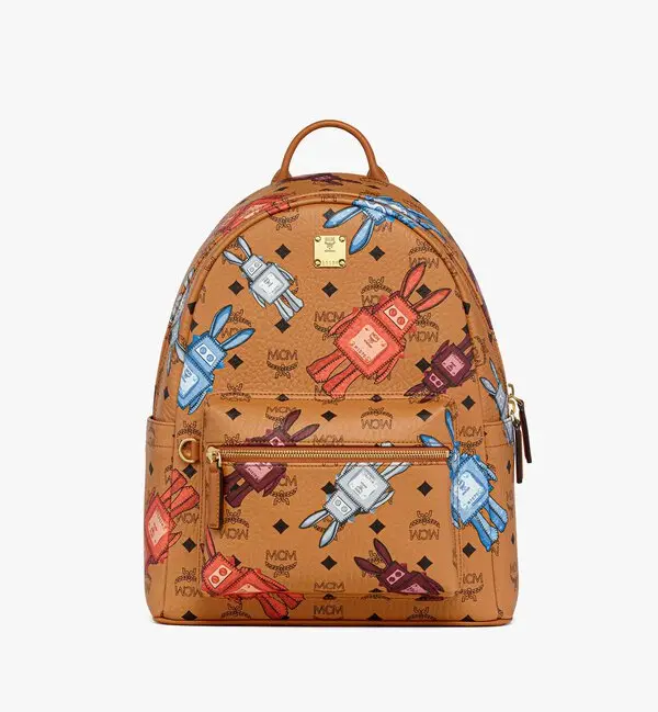 Mcm Stark Backpack In Visetos Monogram With Rabot Graphic - Cognac