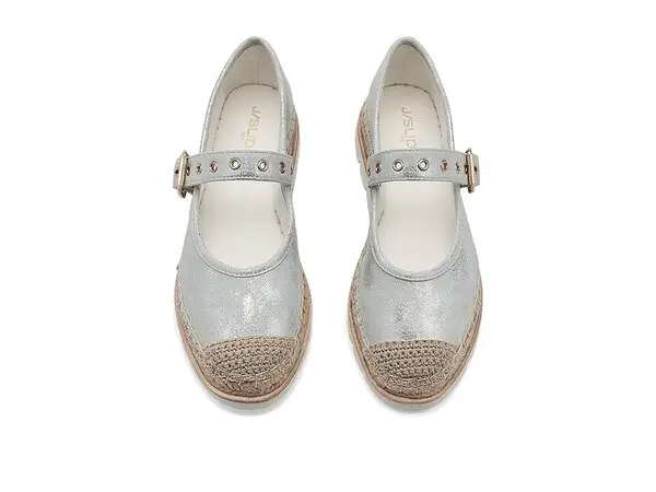 J/SLIDES NYC Metallic Leather Espadrille With Buckle Strap - Gray