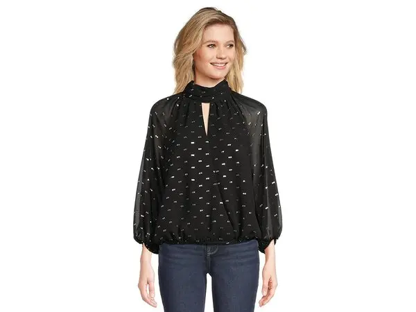 Vince Camuto Mock Neck Printed Long Sleeve Blouse