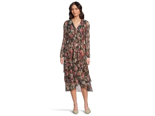 Vince Camuto Floral Metallic Ruffle Midi Dress