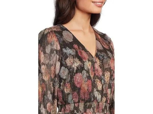Vince Camuto Floral Metallic Ruffle Midi Dress