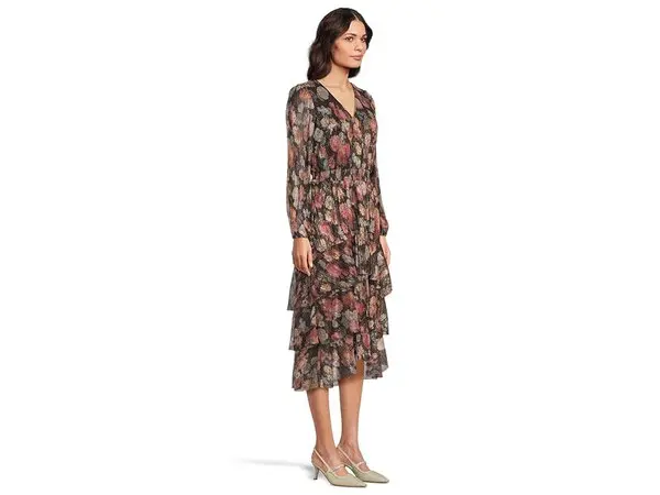 Vince Camuto Floral Metallic Ruffle Midi Dress