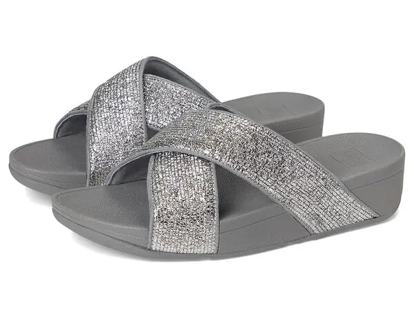 Fitflop Crinkled-shimmer Cross Slides Wedge Sandals - Silver