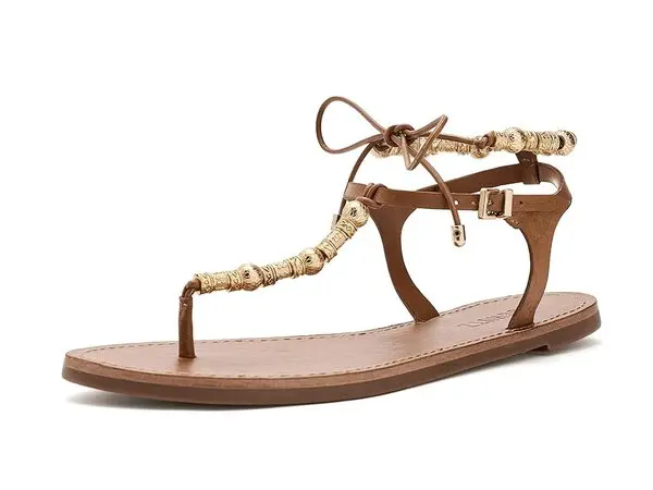 Schutz Nia Strappy Flat Sandals With Embellished T-bar And Ankle Tie - Gold