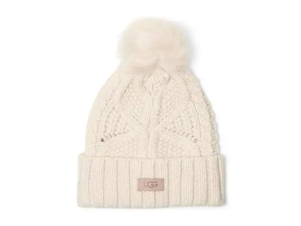 UGG Cable Knit Beanie With Pom Detail - White