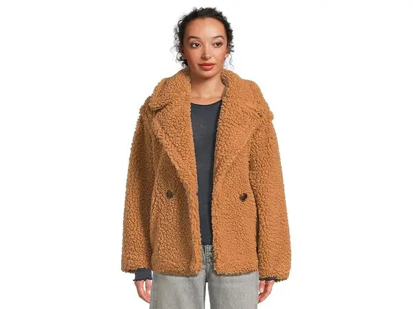 UGG Short Teddy Coat With Faux Horn Buttons - Brown