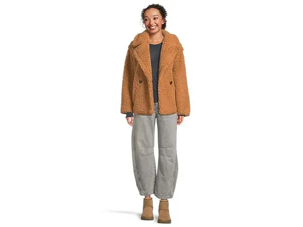 UGG Short Teddy Coat With Faux Horn Buttons - Brown