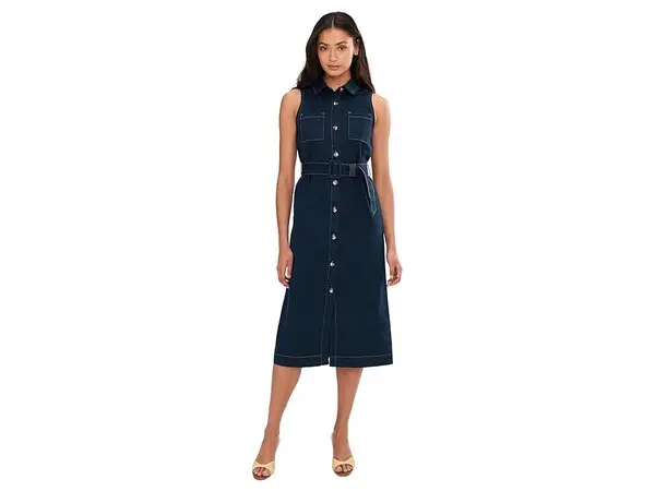 Vince Camuto Sleeveless Collared Belted Shirt Dress - Navy