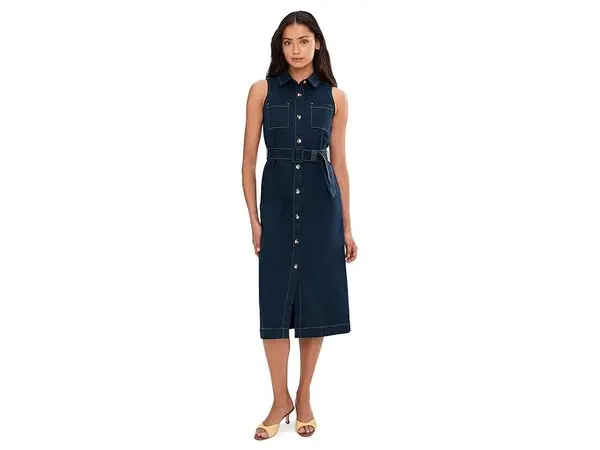 Vince Camuto Sleeveless Collared Belted Shirt Dress - Navy