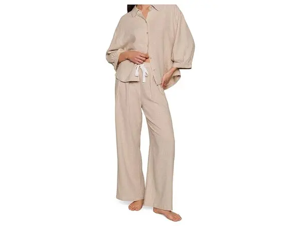 Eberjey Linen Blend Relaxed Fit Gingham Pajama Pants - Beige