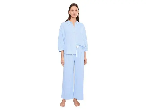 Eberjey Linen Blend Relaxed Fit Gingham Pajama Pants - Blue