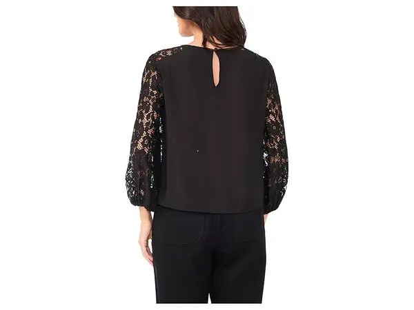 Vince Camuto Crew Neck Lace Sleeve Top - Black