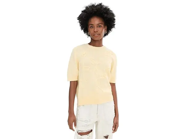 Vince Camuto Floral Applique Short Sleeve Crew Neck Top - Beige
