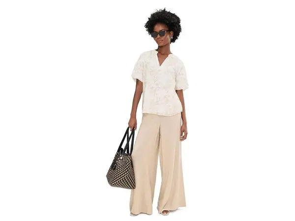 Vince Camuto Notch Neck Short Puff Sleeve Printed Top - Tan