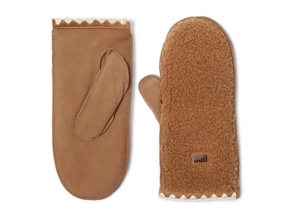 UGG Fluff Scalloped Mitten Dress Gloves - Chestnut