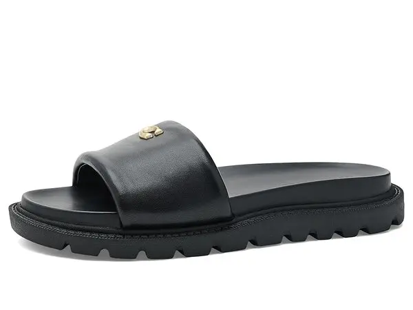 COACH Brynn Leather Slide Sandals With Gold Tone Hardware - Black