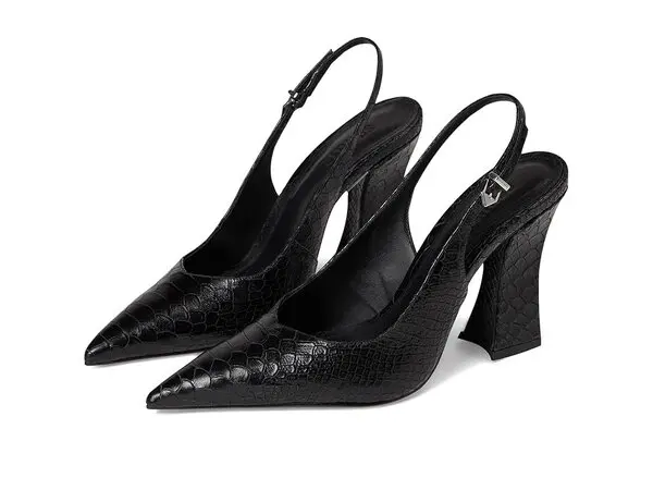 Schutz Michelle Pointed Toe Snakeskin Slingback Block Heels - Black
