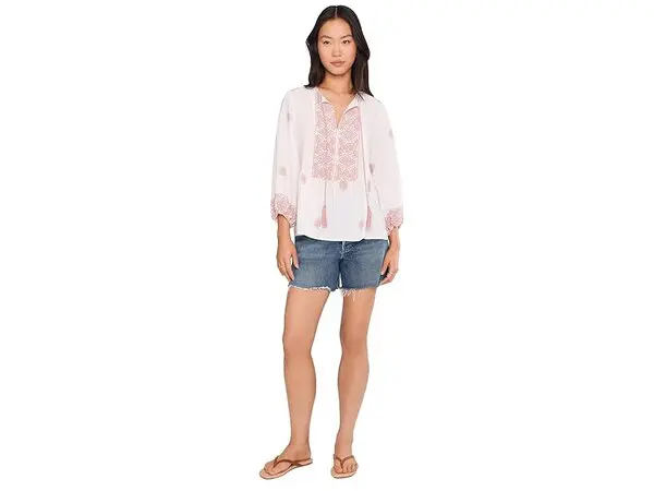 Vince Camuto Embroidered Peasant Blouse With Tie Neck - Red