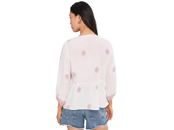 Vince Camuto Embroidered Peasant Blouse With Tie Neck - Red