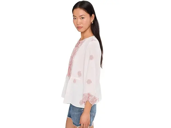 Vince Camuto Embroidered Peasant Blouse With Tie Neck - Red