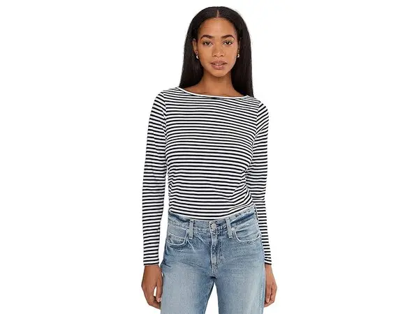 Madewell Side Ruched Slub Long Sleeve Stripe - Black