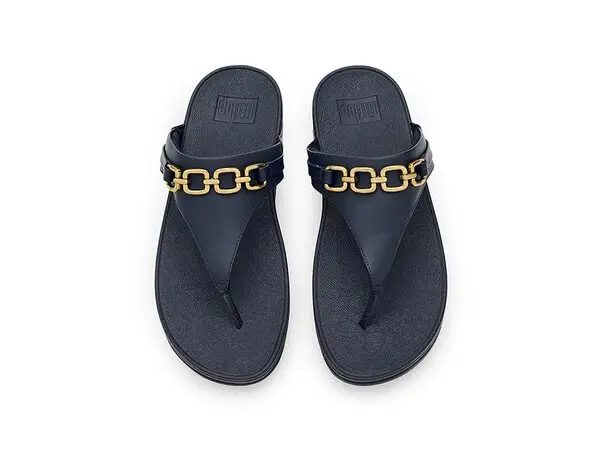 Fitflop Lulu Square-chain Leather Toe-post Wedge Sandals - Navy