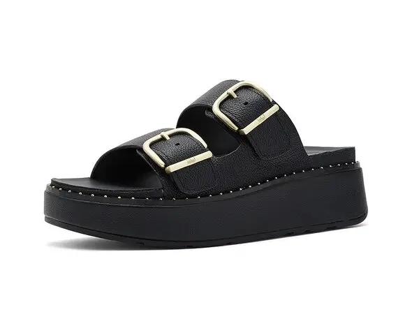 Fitflop Gen Ff Max Buckle Tumbled Leather Two Bar Slides Wedge Shoes - Black
