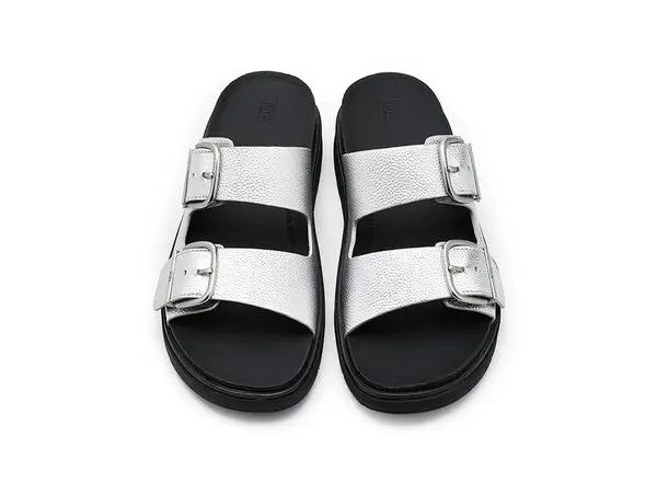 Fitflop Gen Ff Buckle Tumbled Leather Two Bar Slides Wedge Shoes