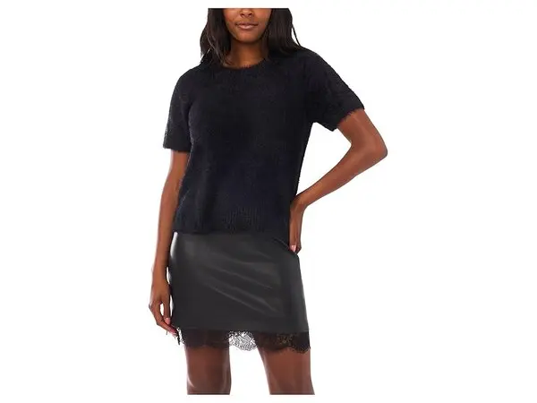 Vince Camuto Eyelash Short Sleeve Crew Neck Sweater - Black