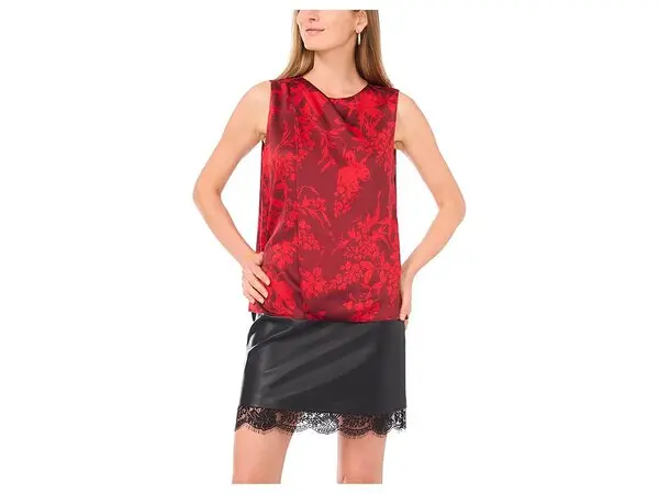 Vince Camuto Sleeveless Floral Draped Neck Tank - Red