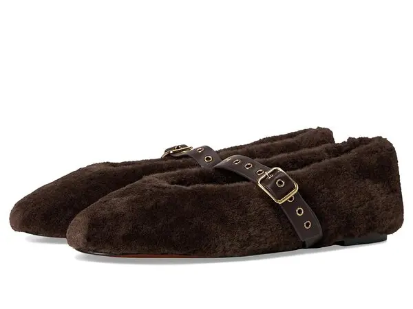 Madewell The Remy Mary Jane Flat Shoes With Faux Fur And Buckle Strap - Coffee Bean