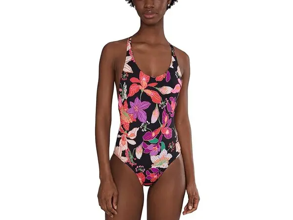Nike Hot House Floral Scoop Neck One Piece Swimsuit - Black