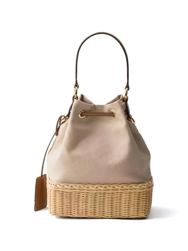 Prada Woven Raffia And Canvas Bucket Bag - Neutrals